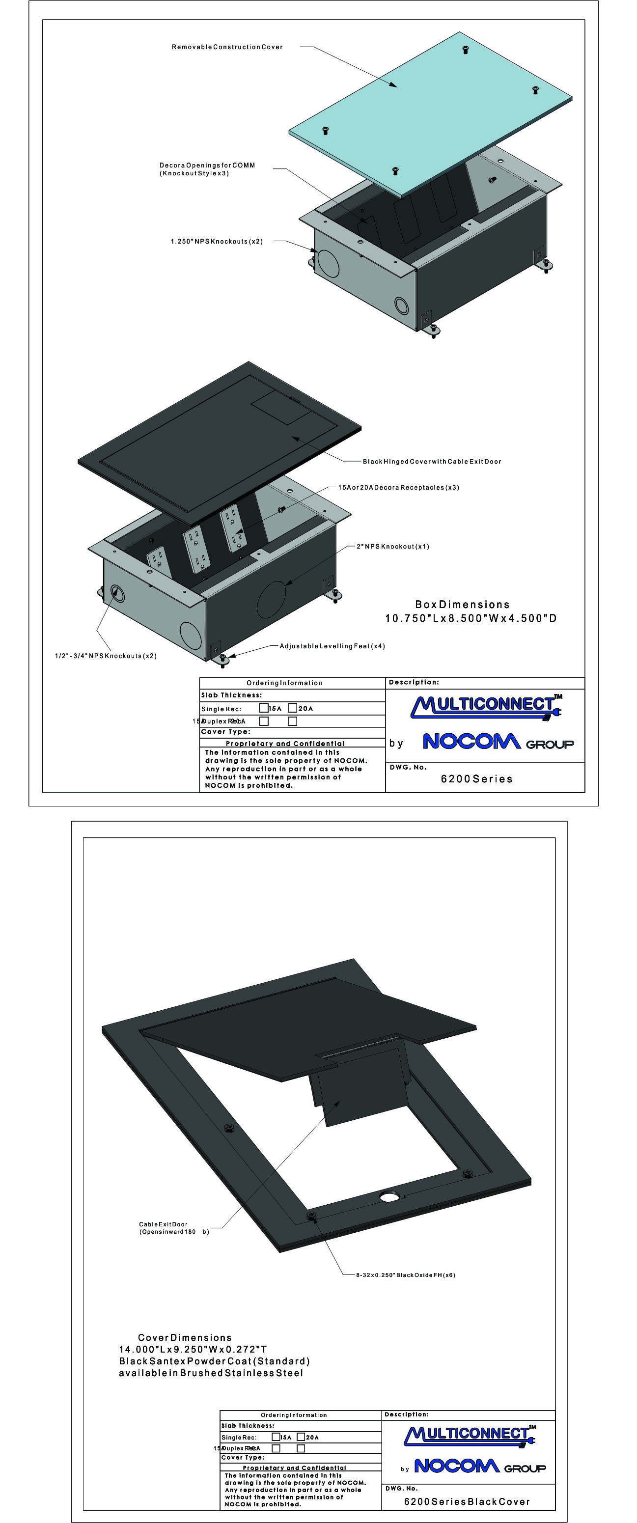 Six-gang dual service floor boxes for AV and power.